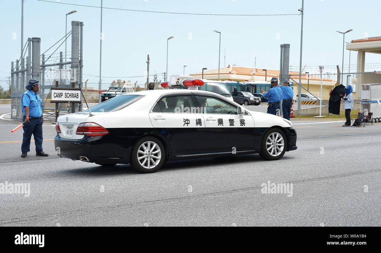 Okinawa prefecture Police patrol around the Camp Schwab of U.S. Marine ...