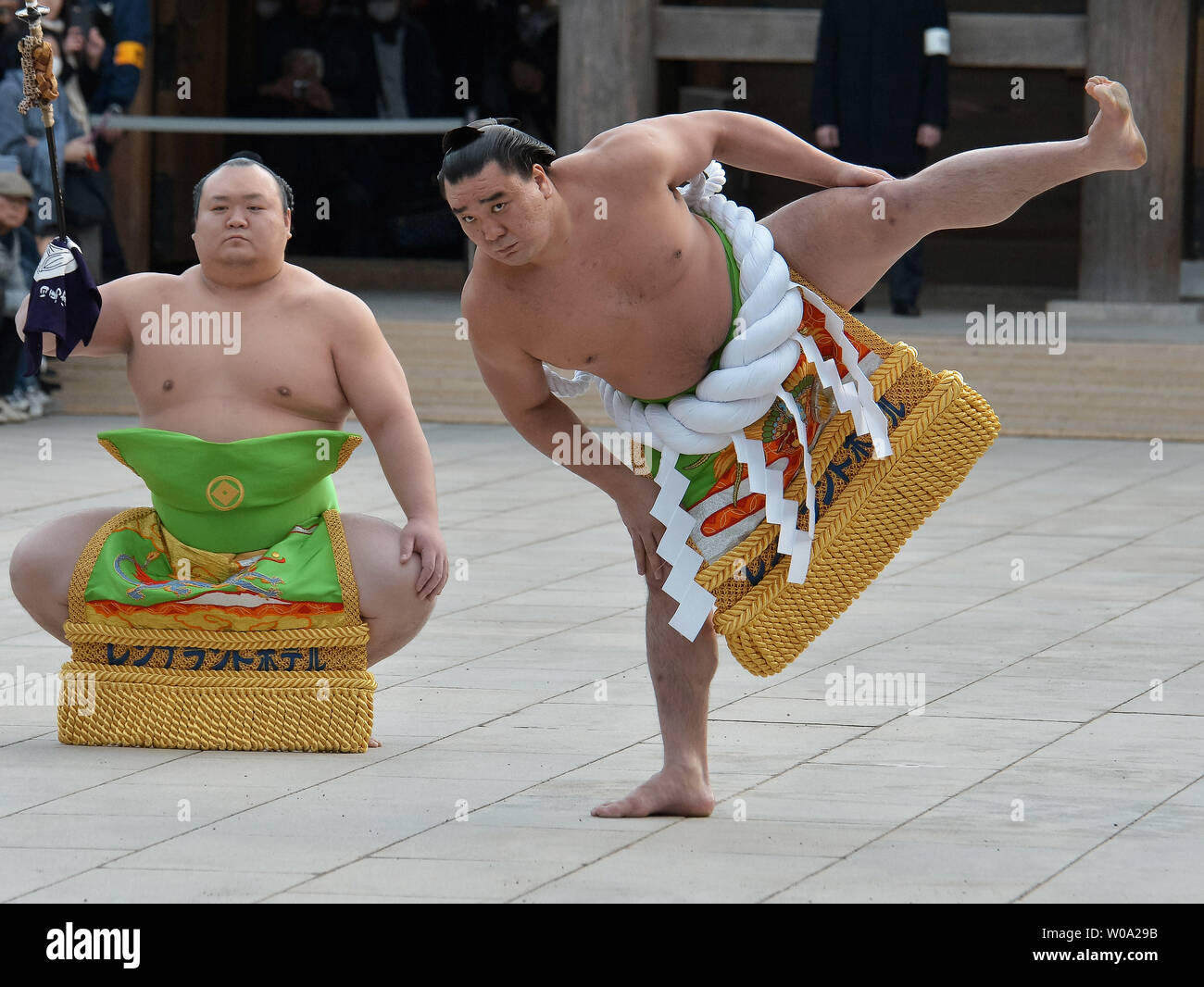 Mongolian grand sumo champion Yokozuna Harumafuji performs Shiranui ...
