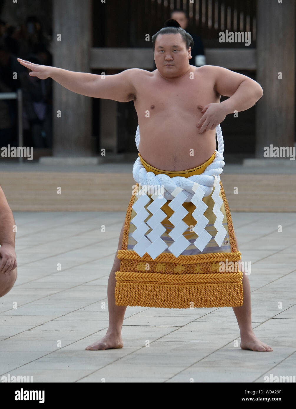 Mongolian grand sumo champion Yokozuna Hakuho performs Shiranui-style ...