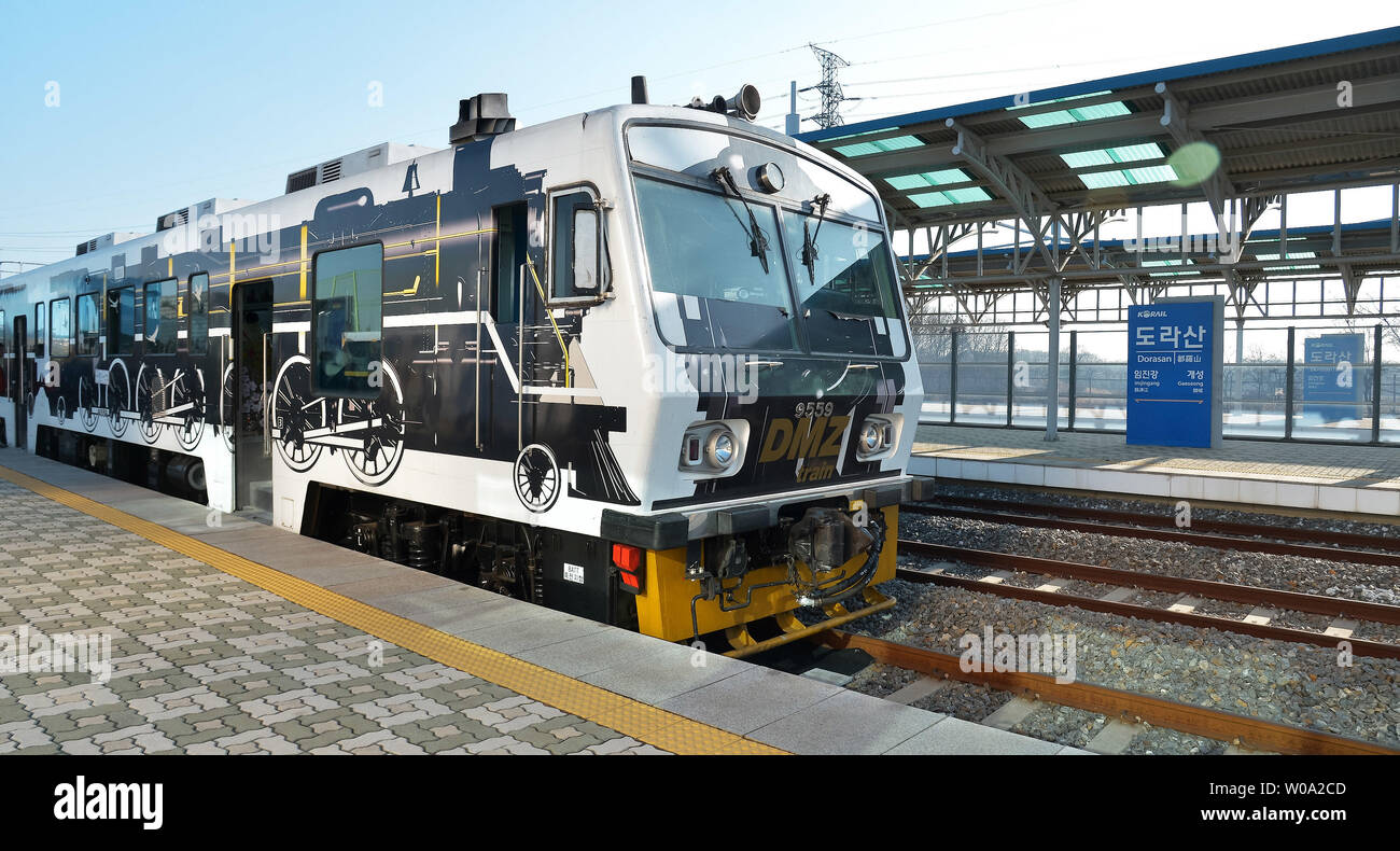 "DMZ train" is seen at the Dorasan Station in the Civilian Control area ...