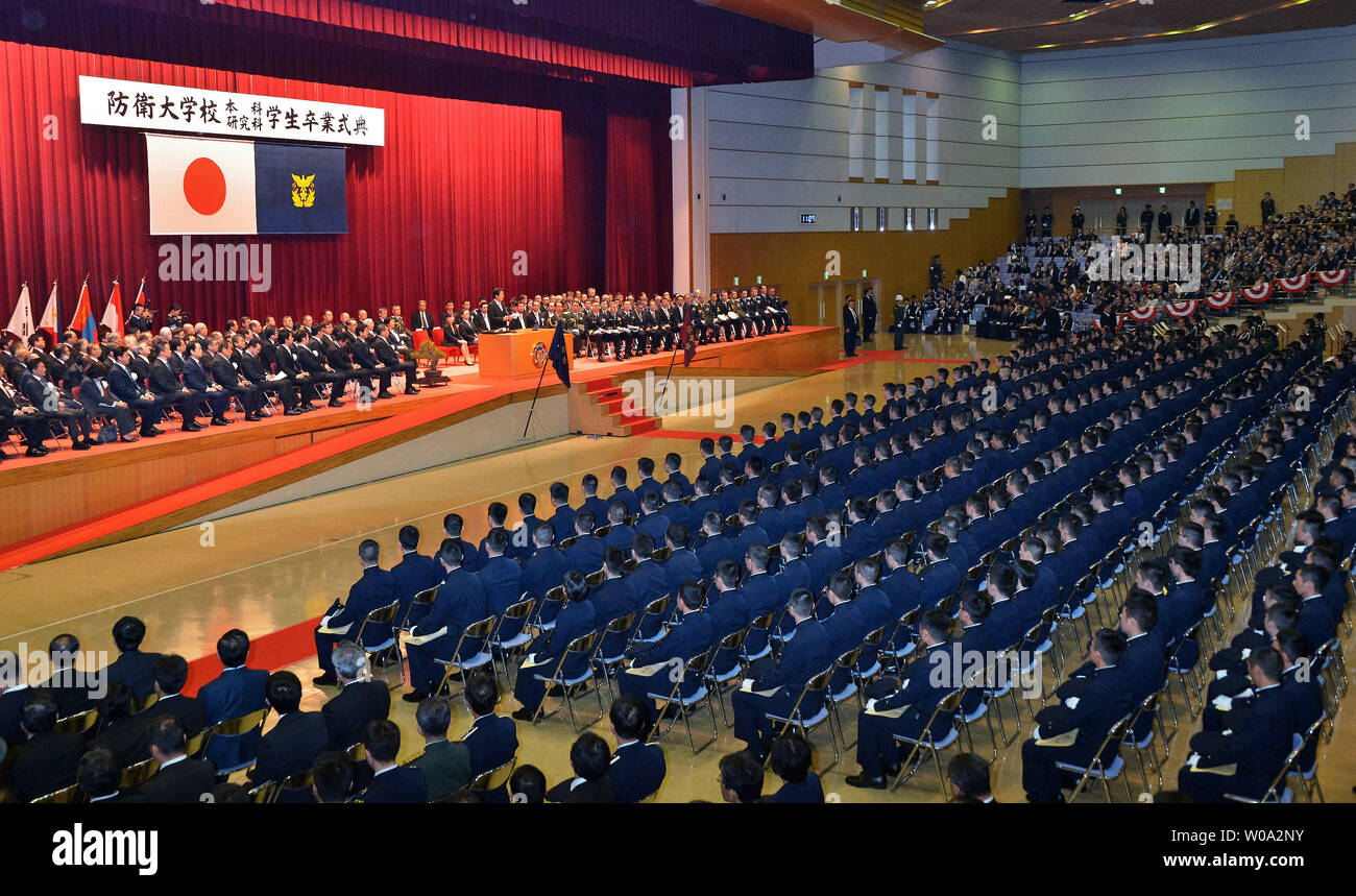 Japan's Prime Minister Shinzo Abe speaks during the graduation ceremony ...