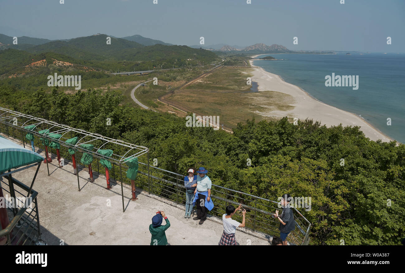 Tourists take a photo at the Goseong Unification Observatory in the the ...