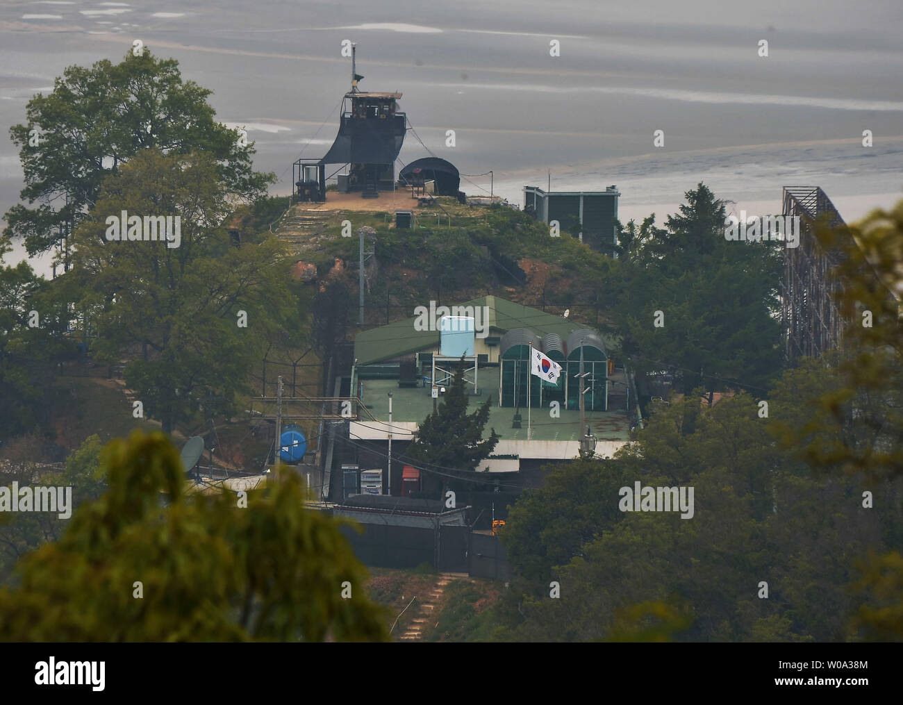A South Korean guard post is seen from the Odusan Unification ...
