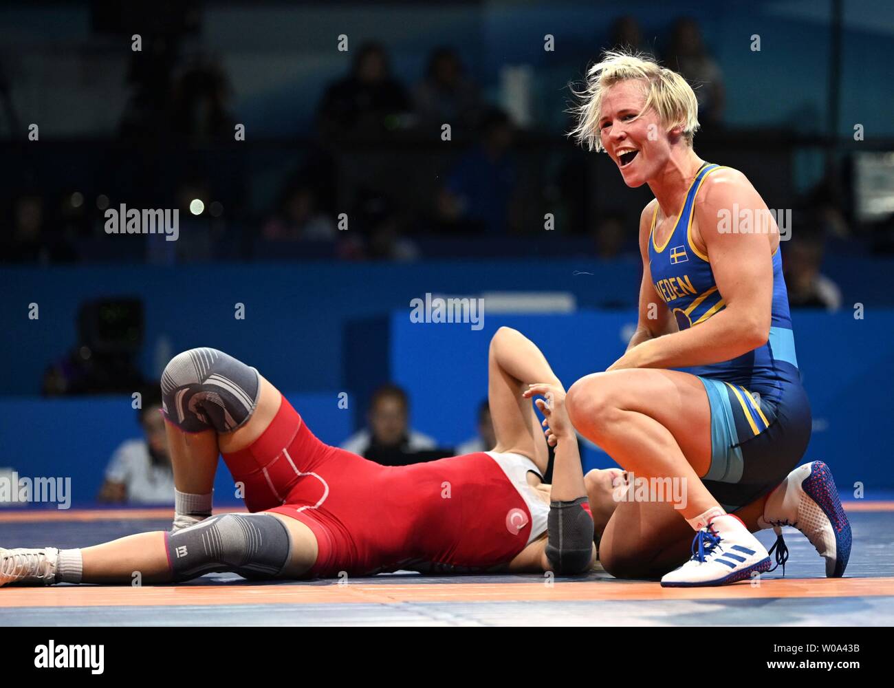 Minsk. Belarus. 27 June 2019. Jenny Fransson (SWE) celebrates as she ...