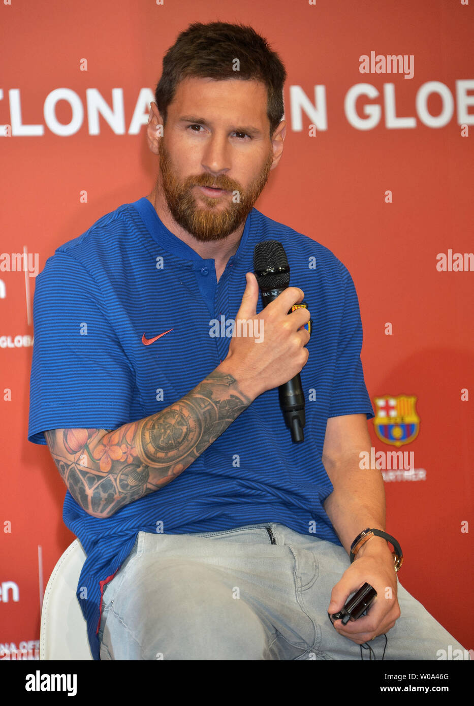 Lionel Messi speaks during the press conference for Rakuten Launch with ...