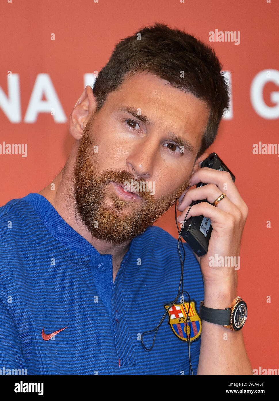 Lionel Messi attends the press conference for Rakuten Launch with FC ...