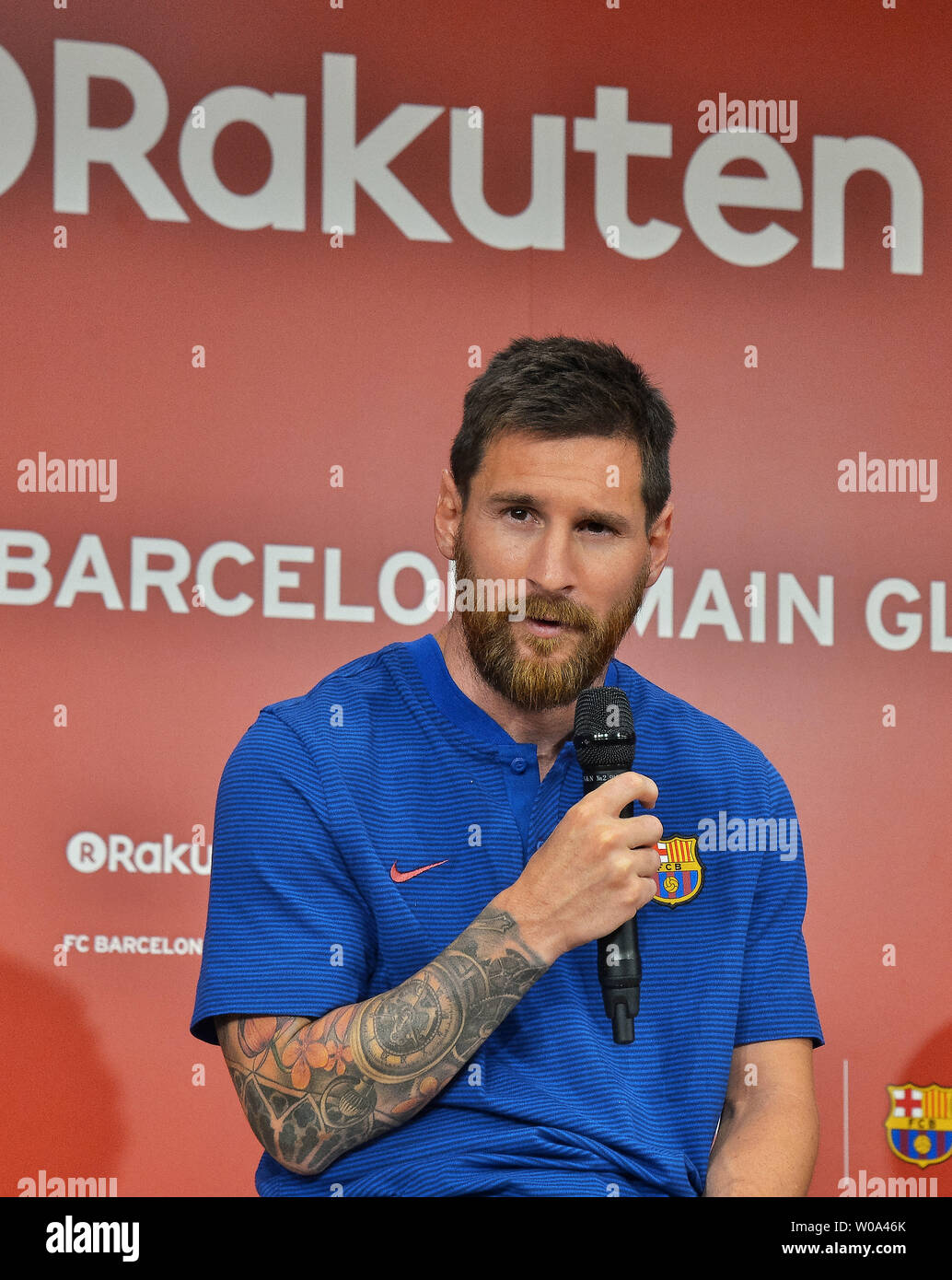 Lionel Messi speaks during the press conference for Rakuten Launch with ...