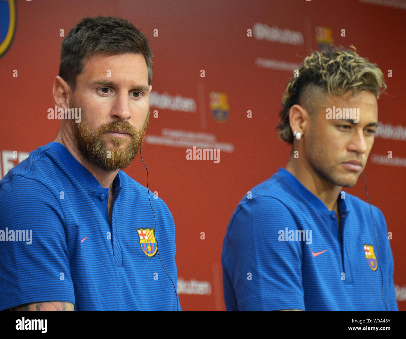 Lionel Messi(L) and Neymar Jr. attend the press conference for Rakuten ...