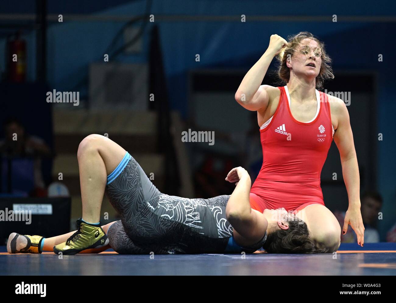 Minsk. Belarus. 27 June 2019. Georgina Nelthorpe (GBR) celebrates after ...