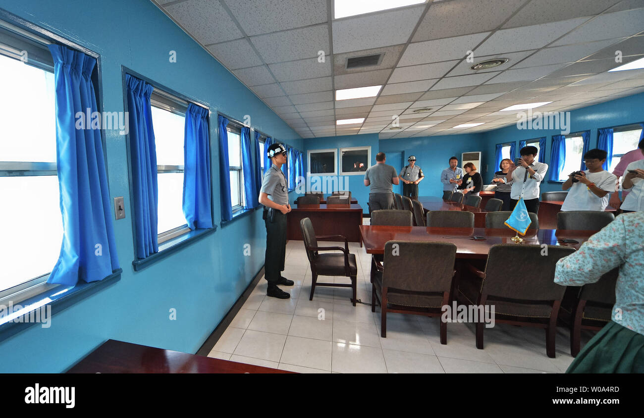A South Korean soldier stands guard in a conference room in the United ...