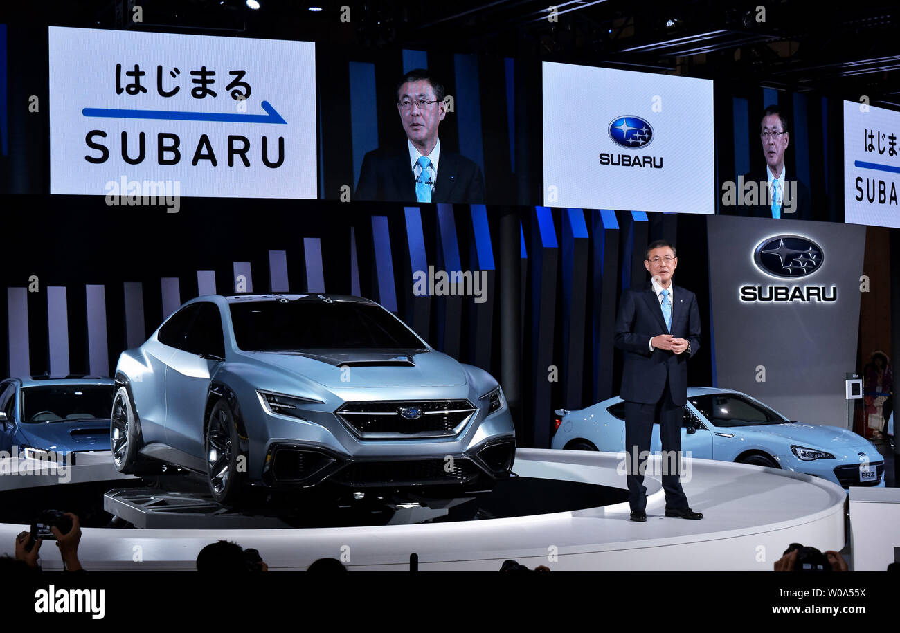 Japanese automaker Subaru president Yasuyuki Yoshinaga speaks during a ...