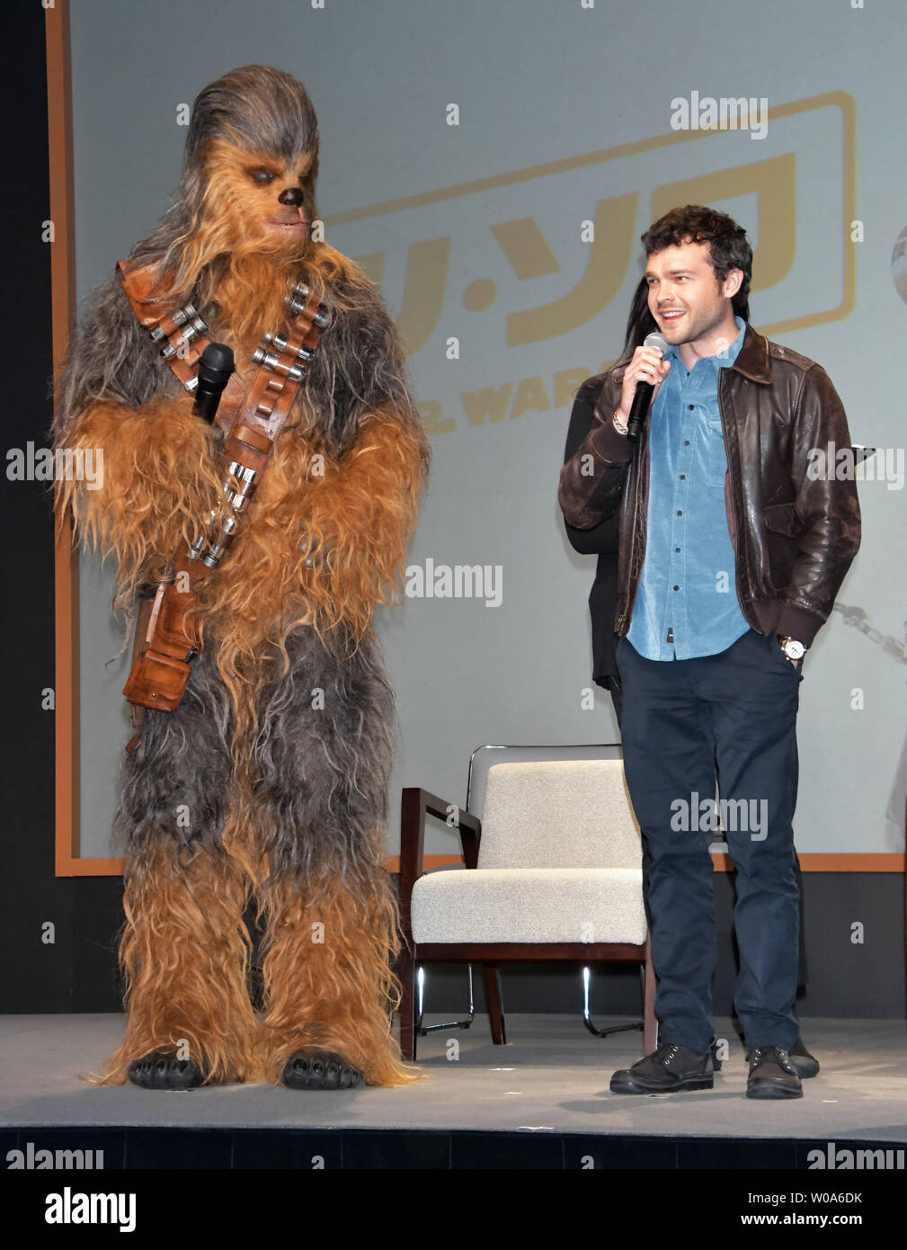 Chewbacca and actor Alden Ehrenreich(R) attend the Press Conference for ...