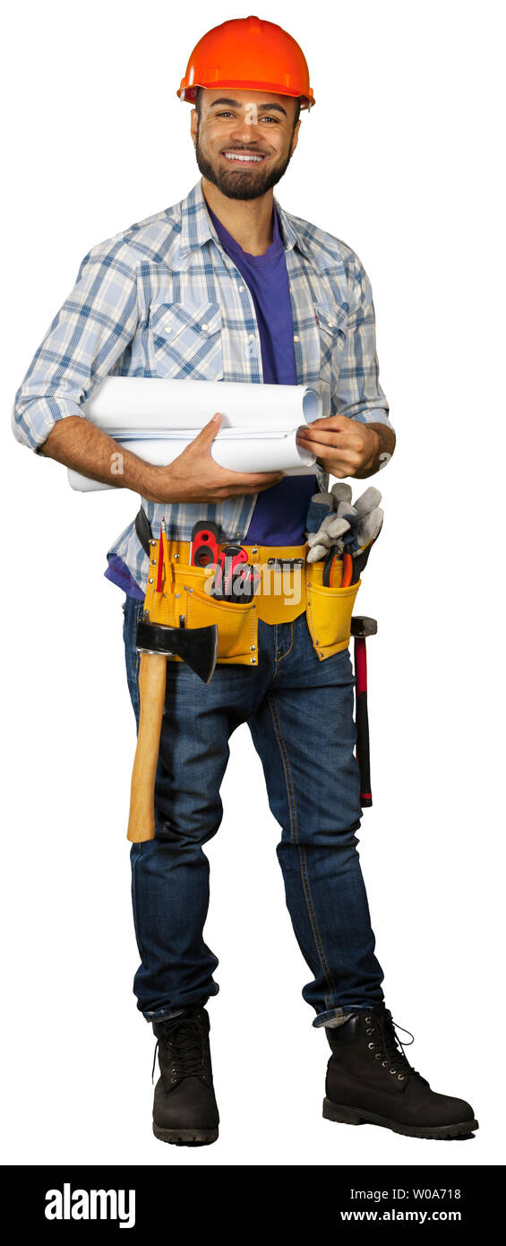 Construction worker isolated on white Stock Photo - Alamy