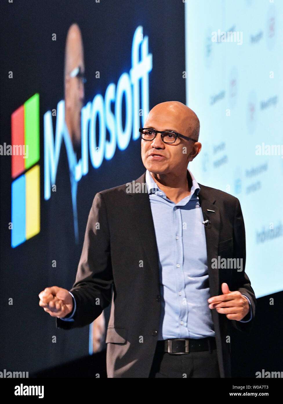 Satya Nadella, Chief Executive Officer (CEO) of Microsoft speaks during ...