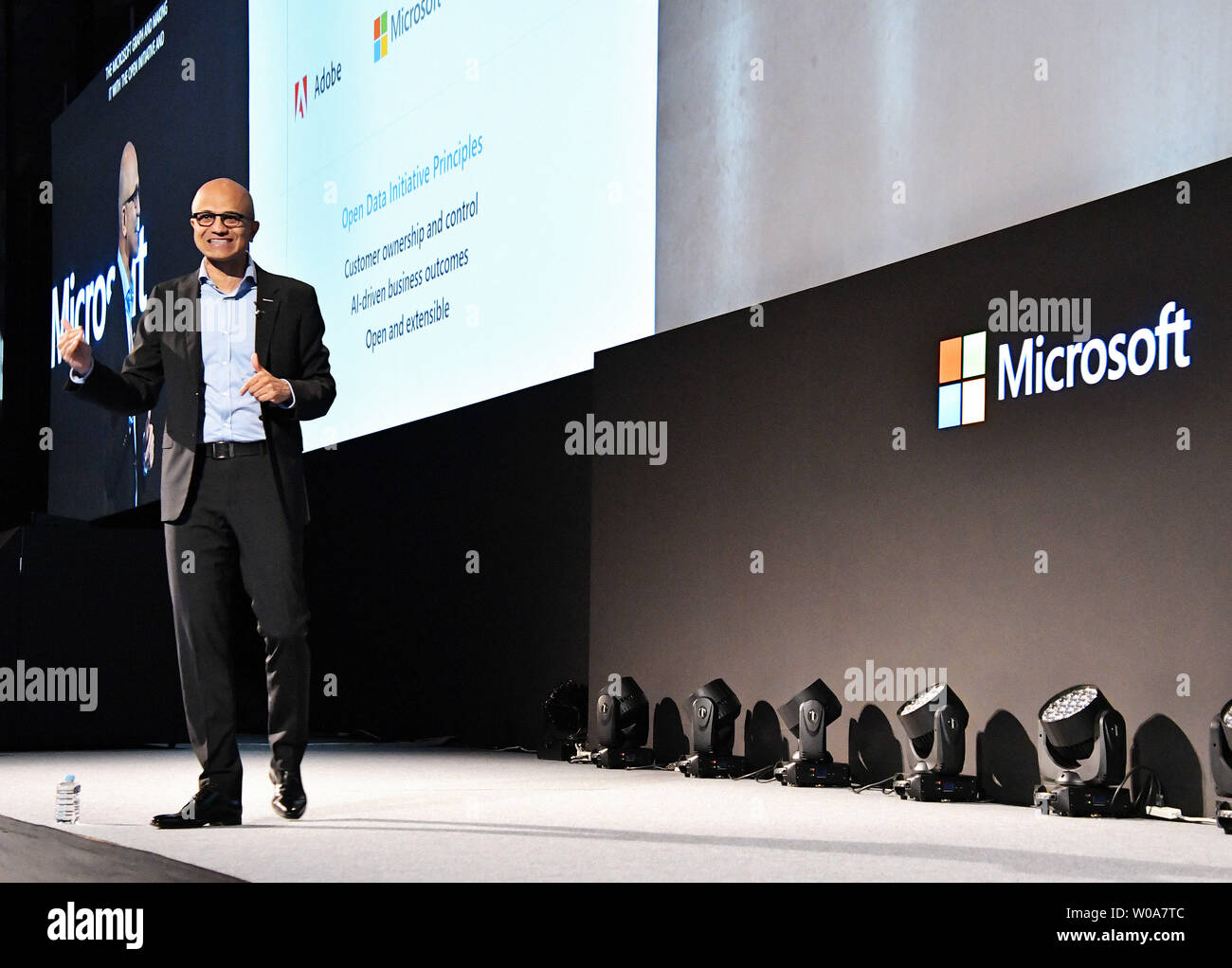 Satya Nadella, Chief Executive Officer (CEO) of Microsoft speaks during the "Microsoft Tech ...