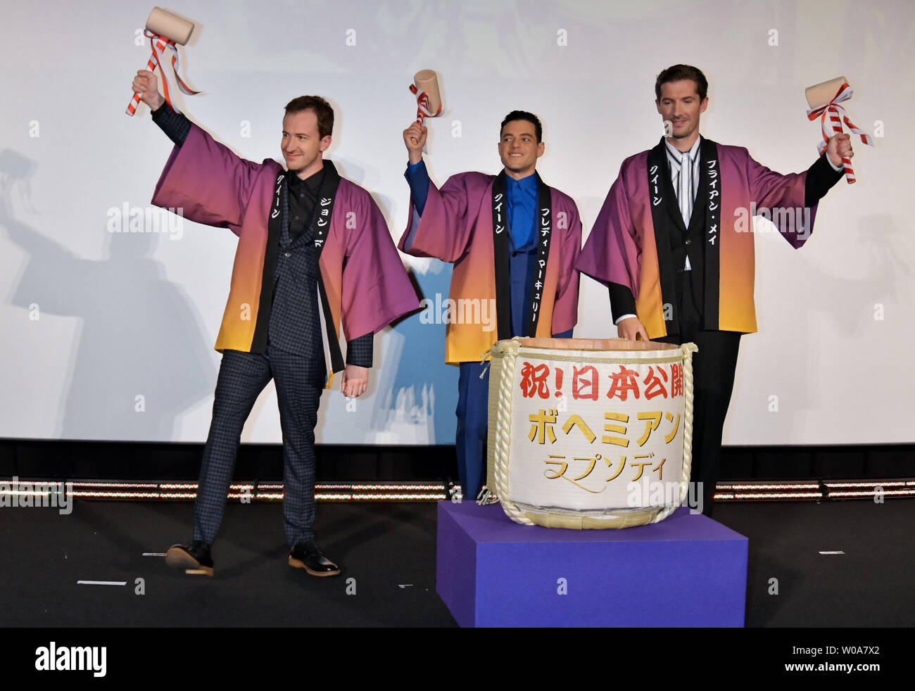(L-R)Actors Joe Mazzello, Rami Malek and Gwilym Lee attend the Japan ...
