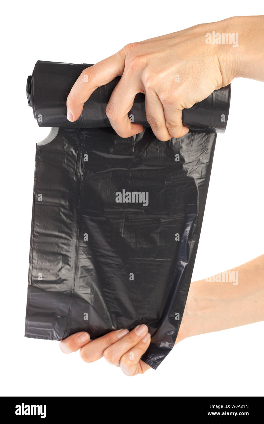 woman hands holding garbage bag isolated on white background Stock ...