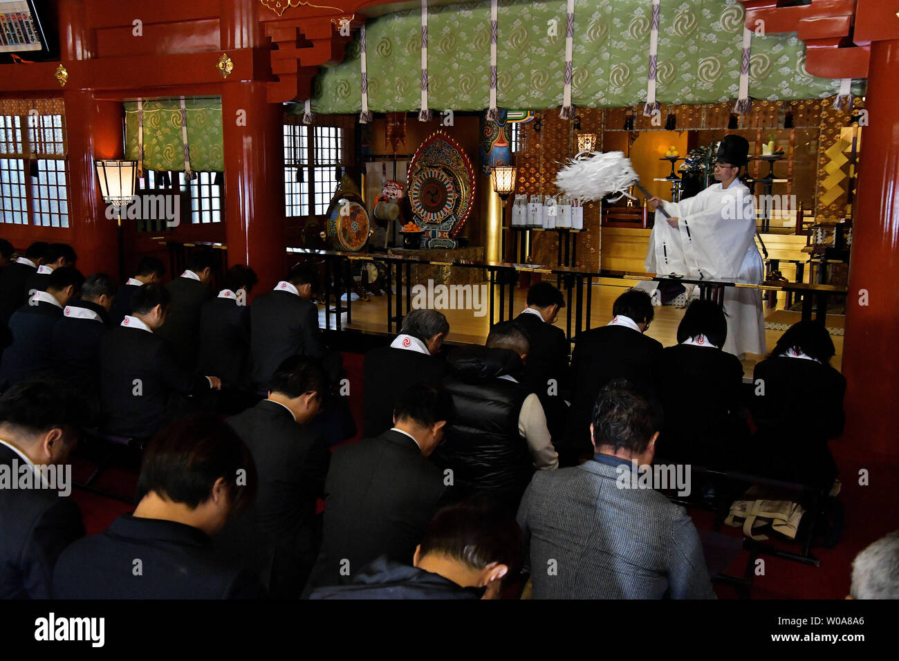 A Shinto priest performs the "Oharai" (ritual of purification) for ...