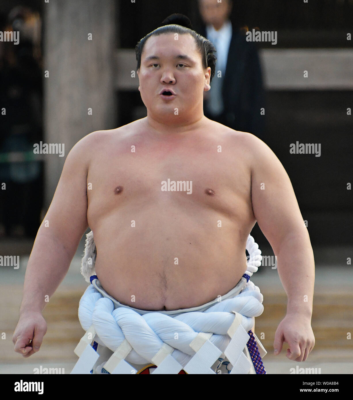 Mongolian grand sumo champion Yokozuna Hakuho performs Shiranui-style ...