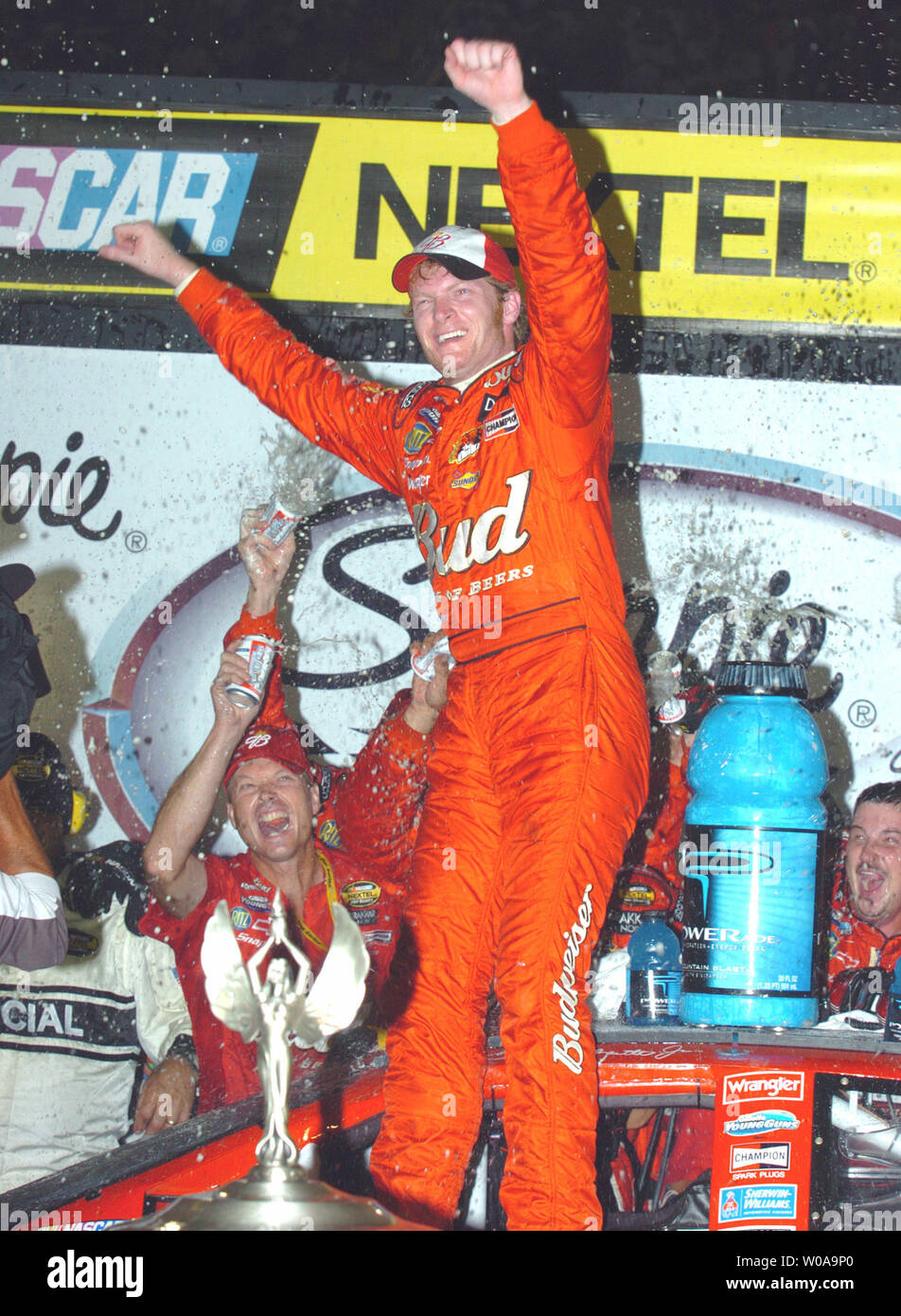 Dale Earnhardt Jr. celebrates winning the Sharpie 500 NASCAR Nextel ...