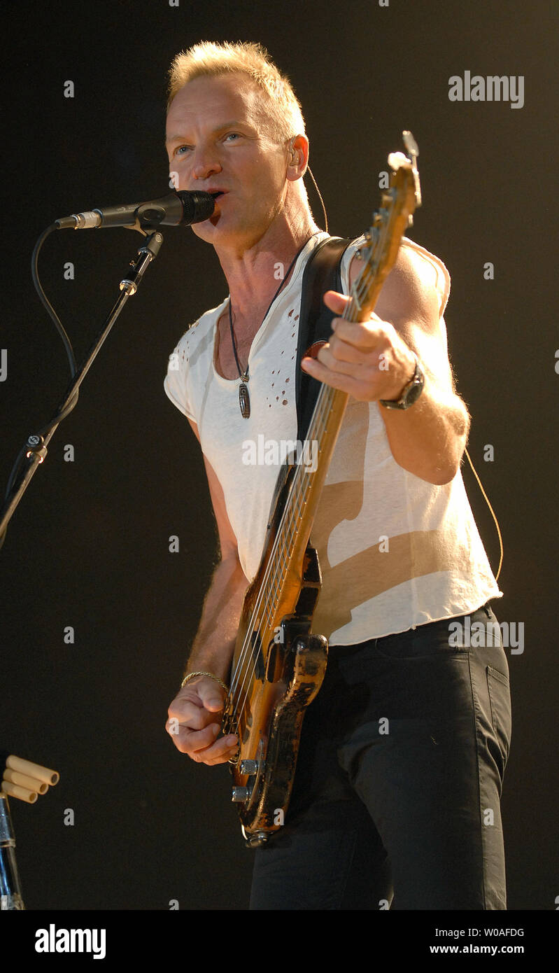 Police frontman and bassist Sting performs a song onstage in the first ...