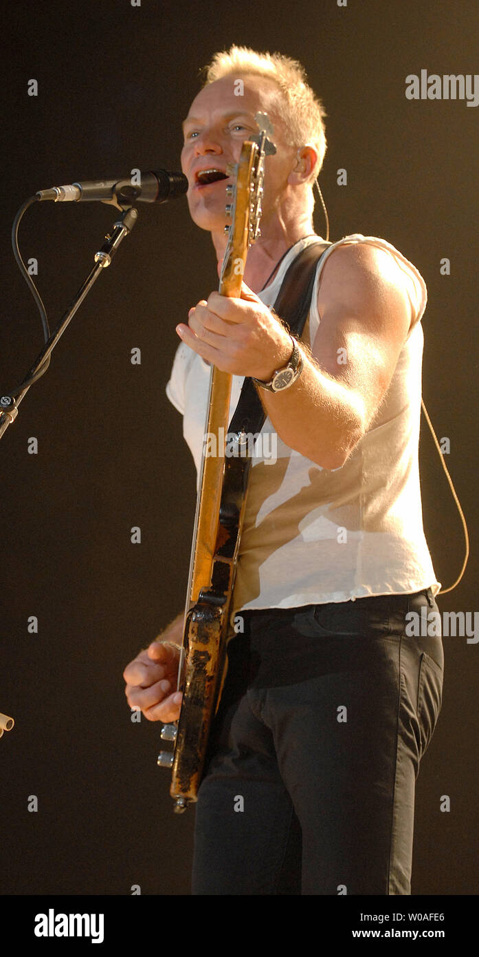 Police frontman and bassist Sting performs a song onstage in the first ...