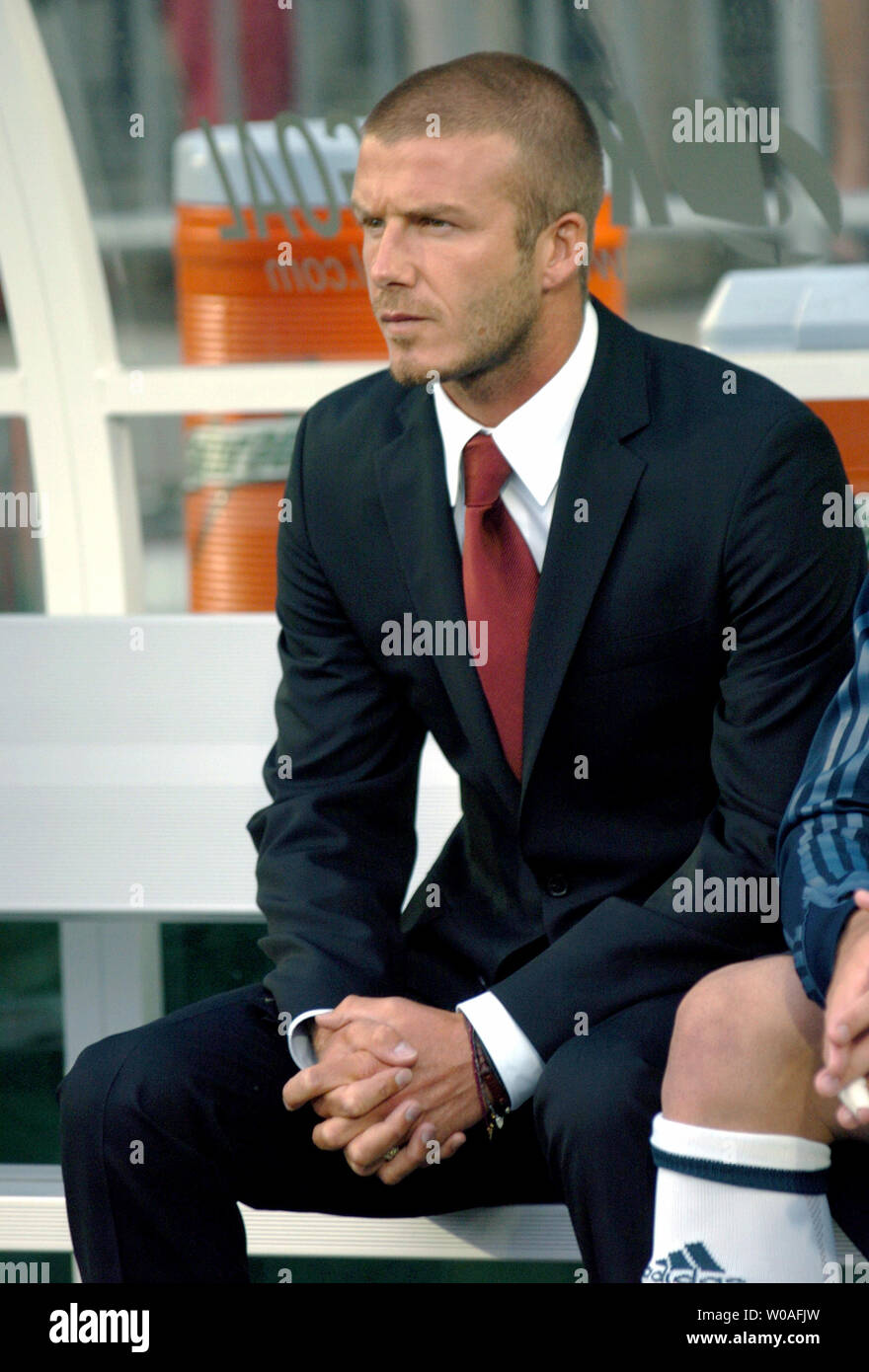 L.A. Galaxy star David Beckham sits out the game sidelined with an ...