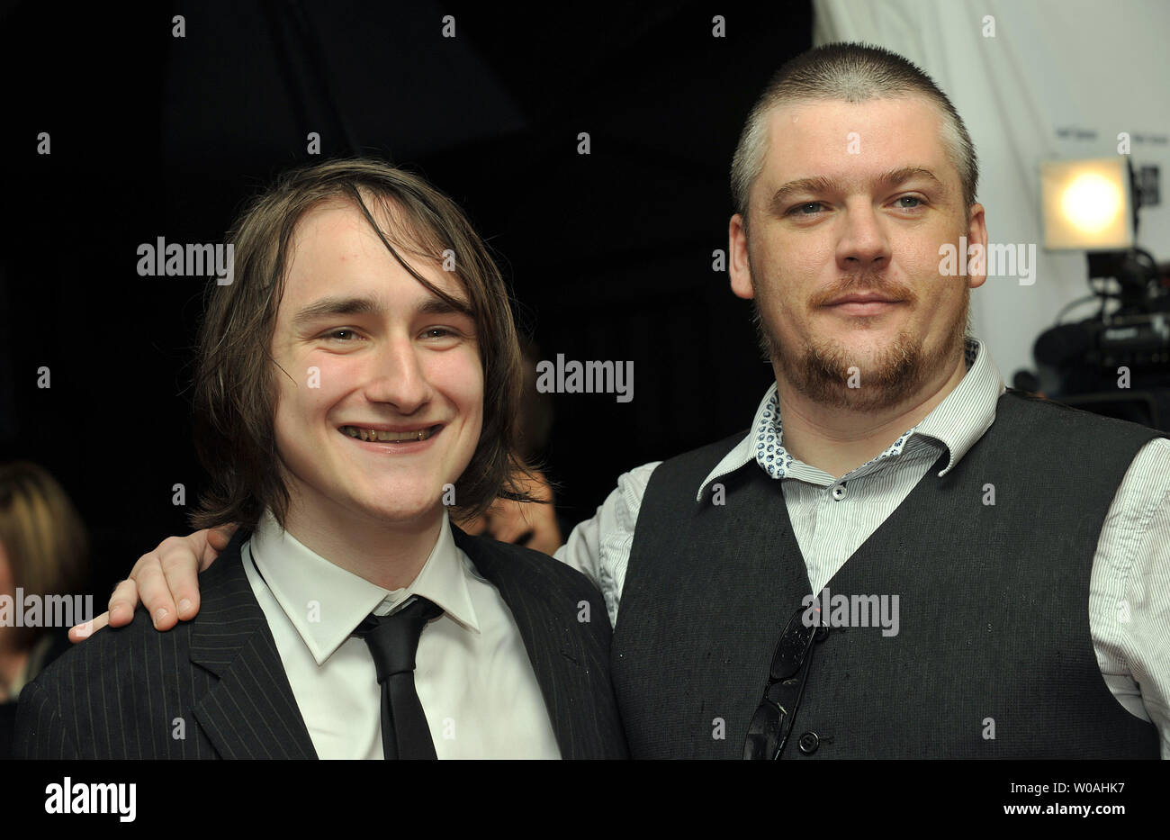 Actors Ciaron Kelly (L) and Stephen McCole arrive for the gala premiere of "Stone of Destiny" at ...