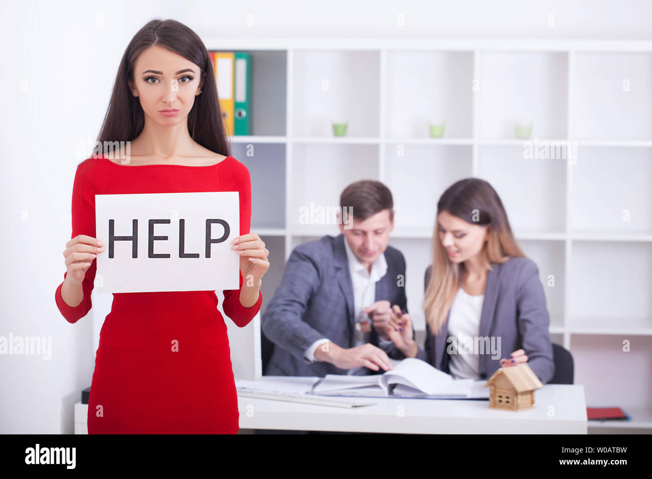 Stress woman in bad financial situation asking for help Stock Photo - Alamy