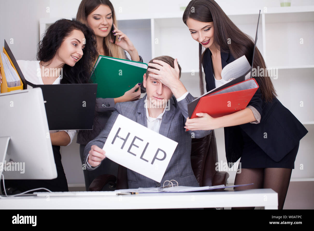 Portrait of tired man having long working day and needing help Stock ...