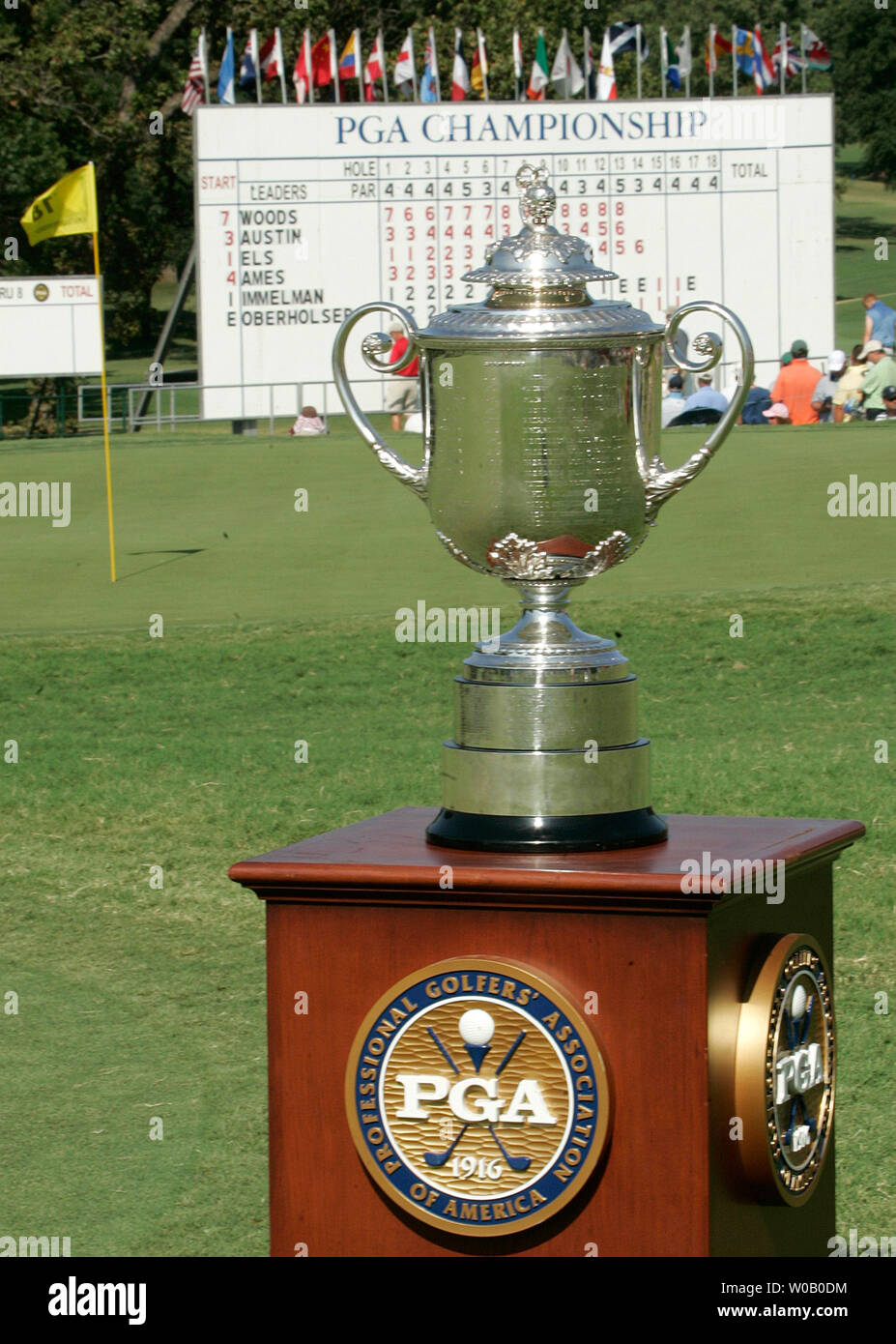 The Wanamaker trophy waits near the eighteenth green for the winner's ...