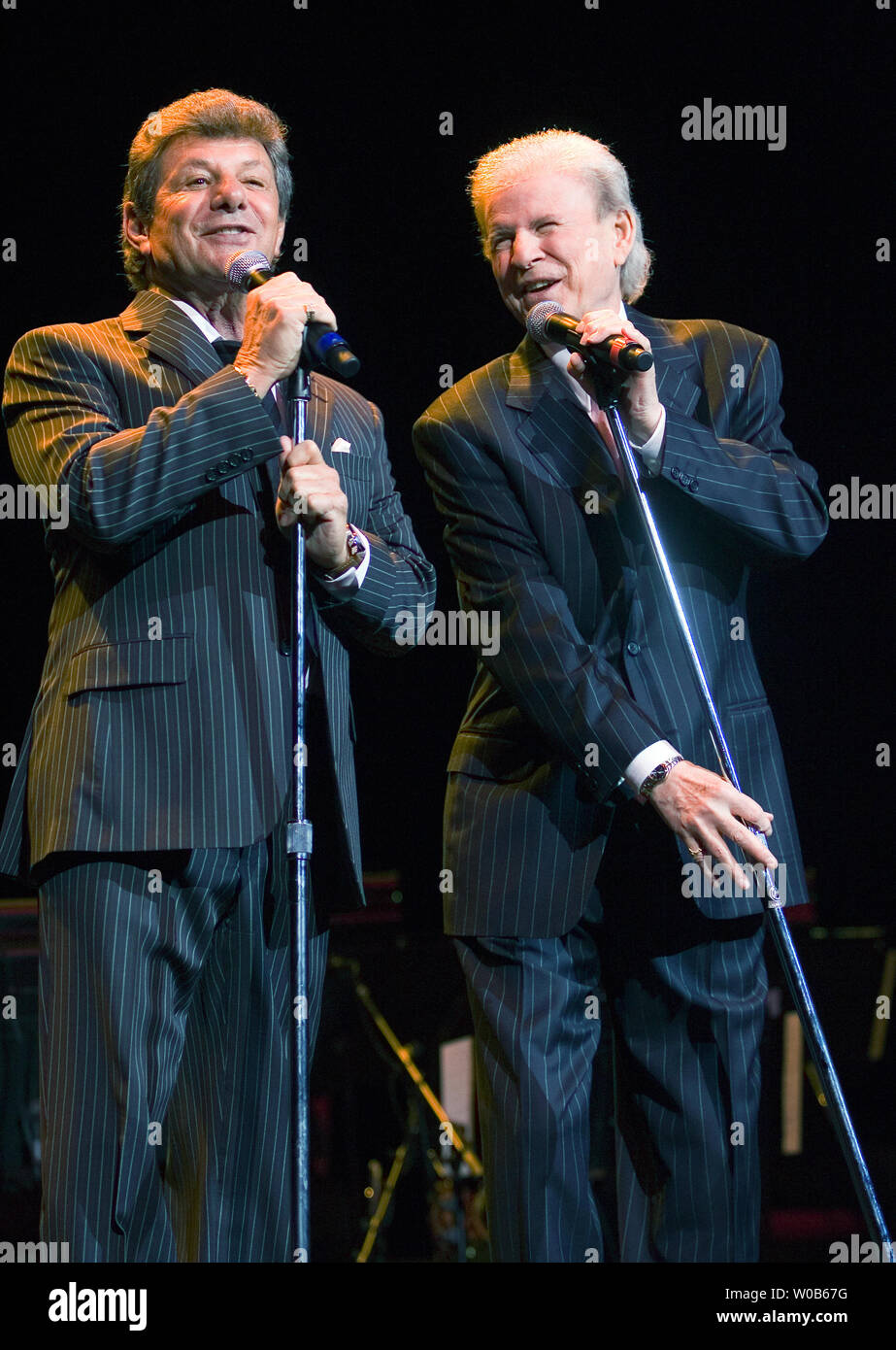Frankie Avalon (L) and Bobby Rydell perform during a sold out show at ...