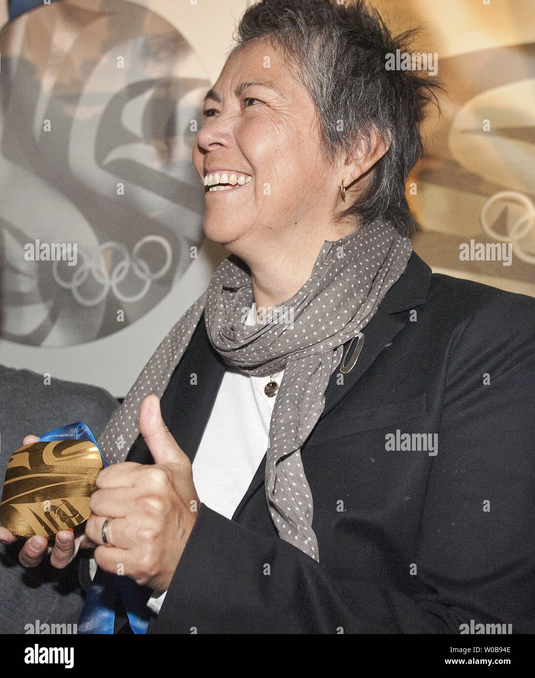 Local First Nations designer Corrine Hunt gives a thumbs up as she ...