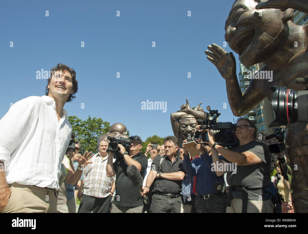 Canadian Federal Liberal Party leader Justin Trudeau views the giant ...
