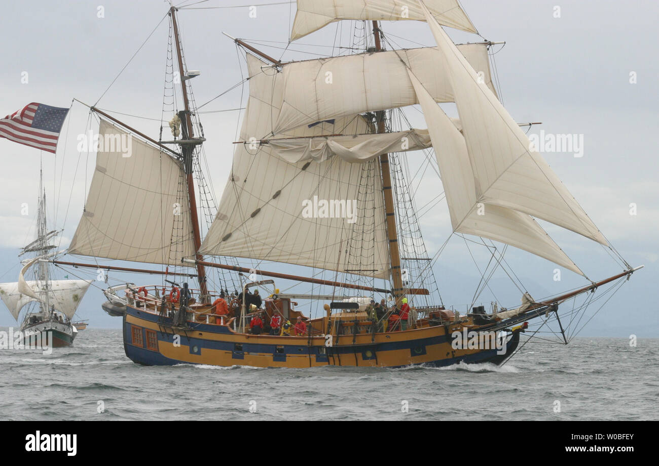 The 105-foot square topsail ketch Hawaiian Chieftain (close) based out ...
