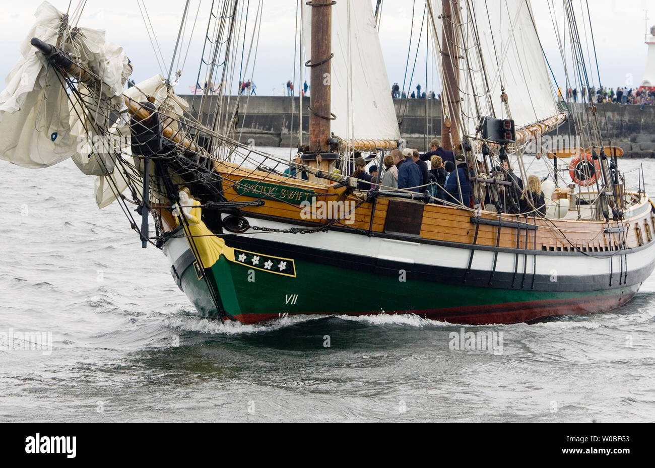 The111-foot square topsail schooner Pacific Swift built during 1986 in ...