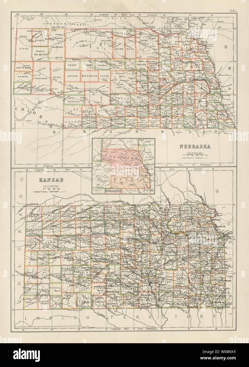 Nebraska and Kansas state maps showing counties. BARTHOLOMEW 1898 old ...