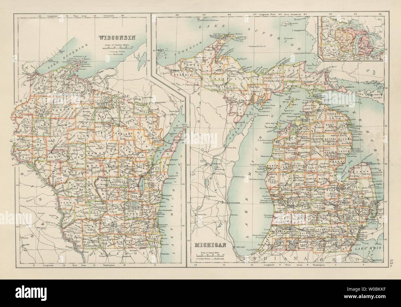 Michigan and Wisconsin state maps showing counties. BARTHOLOMEW 1898 ...