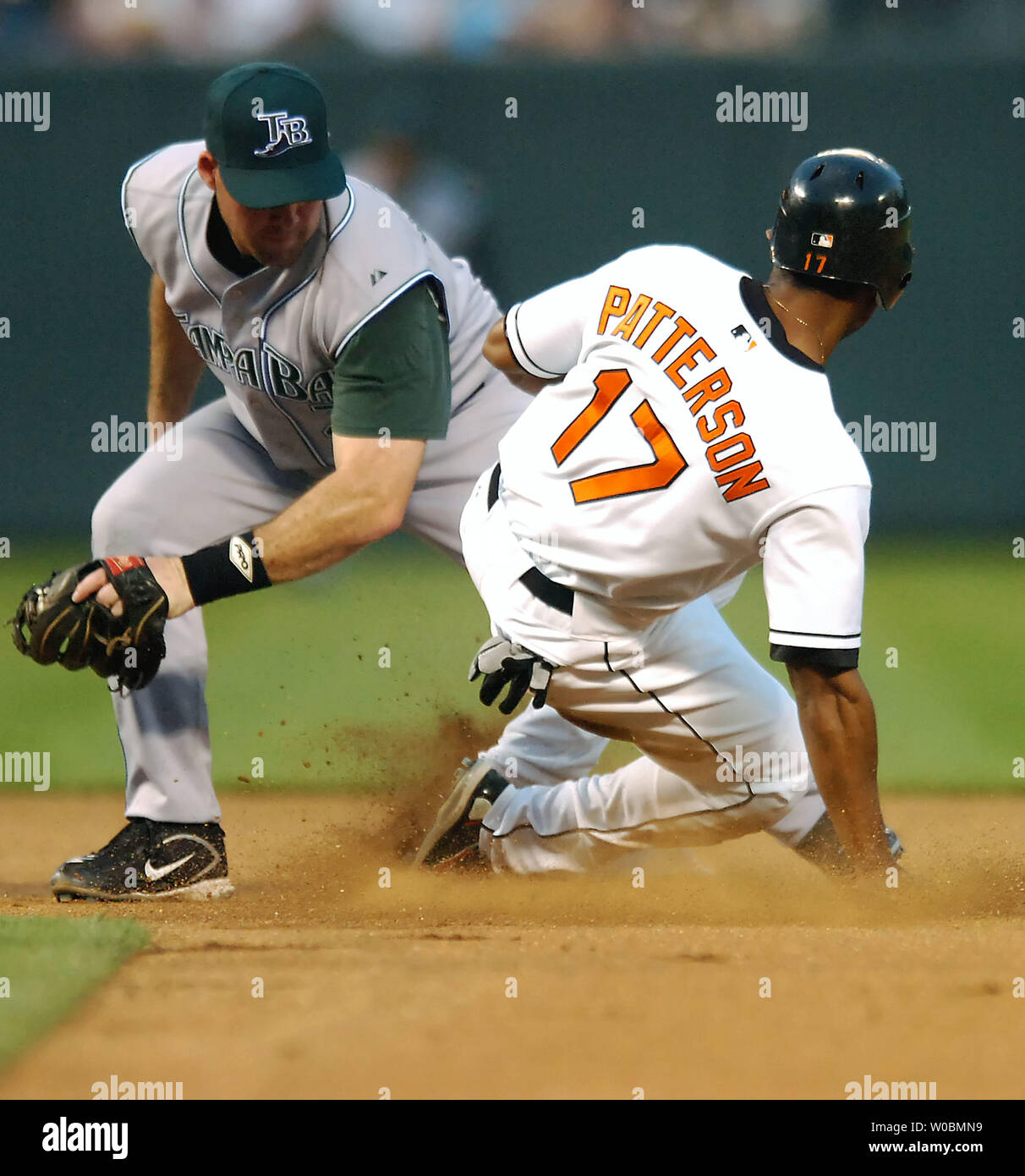 The Baltimore Orioles Corey Patterson (17) steals second base for his ...