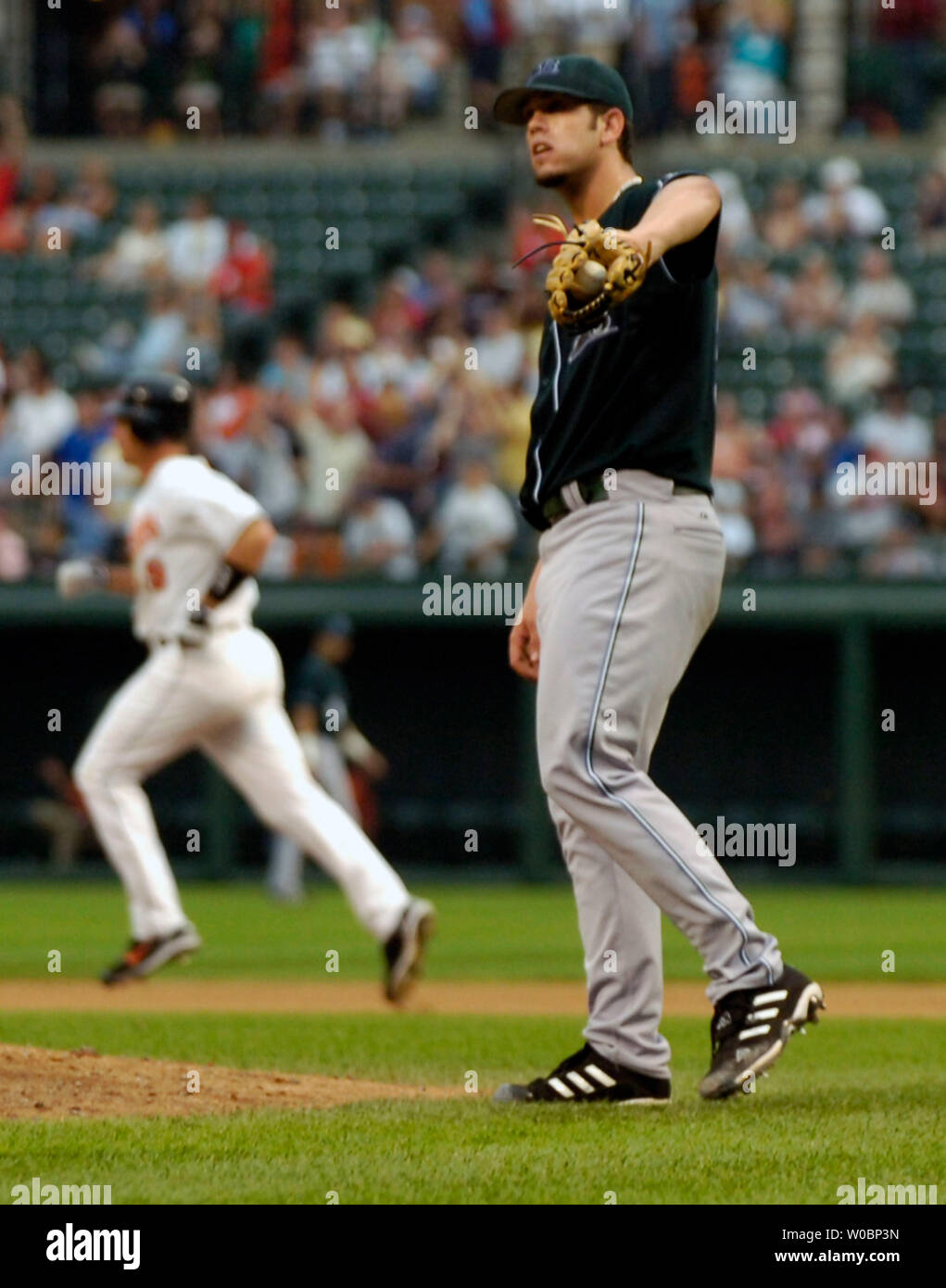 The Tampa Bay Devil Rays pitcher James Shields gets a new ball in the ...