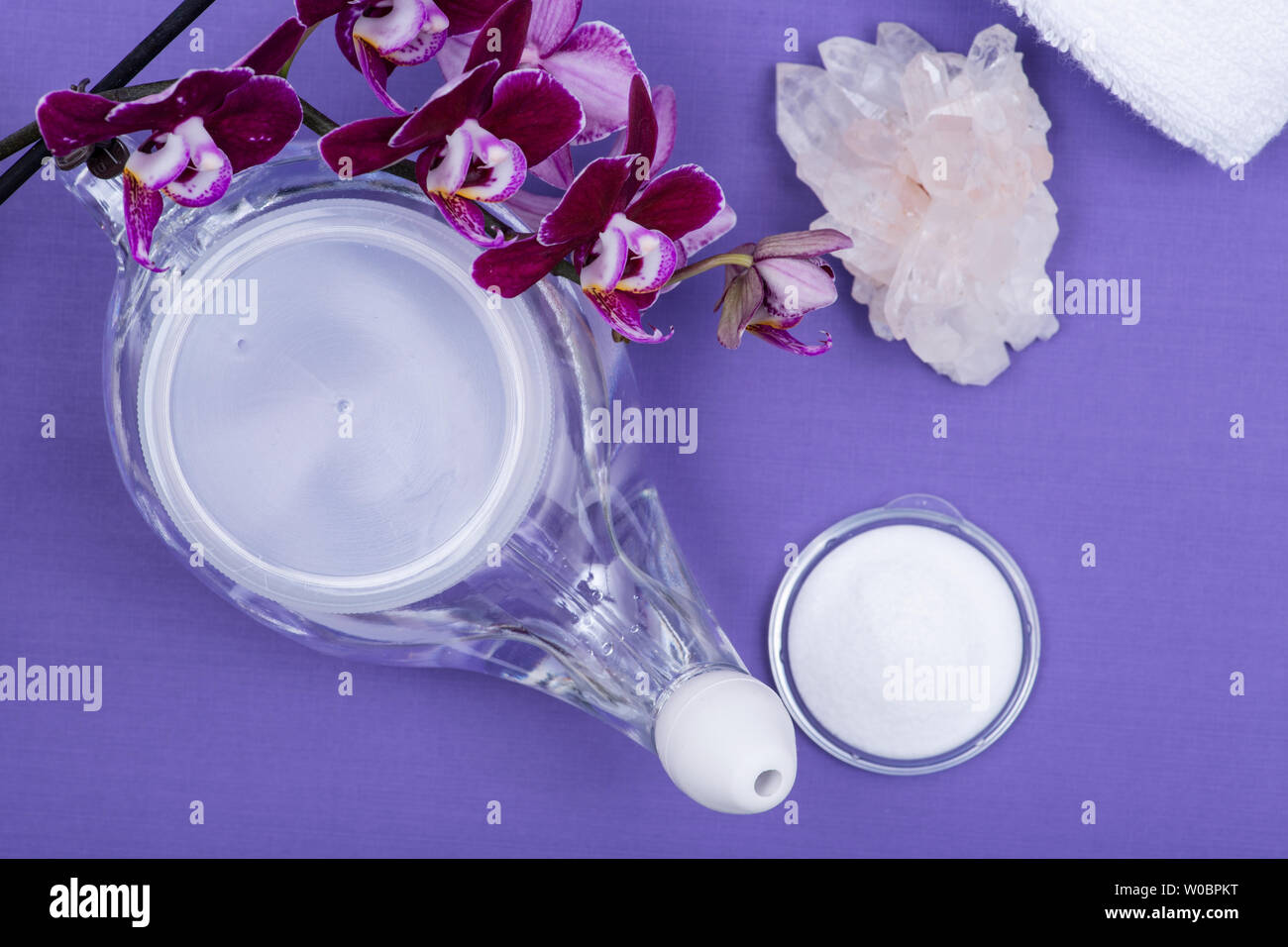 Neti Pot, pile of Saline, Purple Orchid Flowers, Clear Quartz Cluster ...
