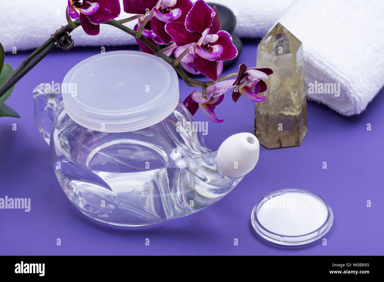 Neti Pot, Saline, Orchid Flowers, rolled up White Towels and Polished ...