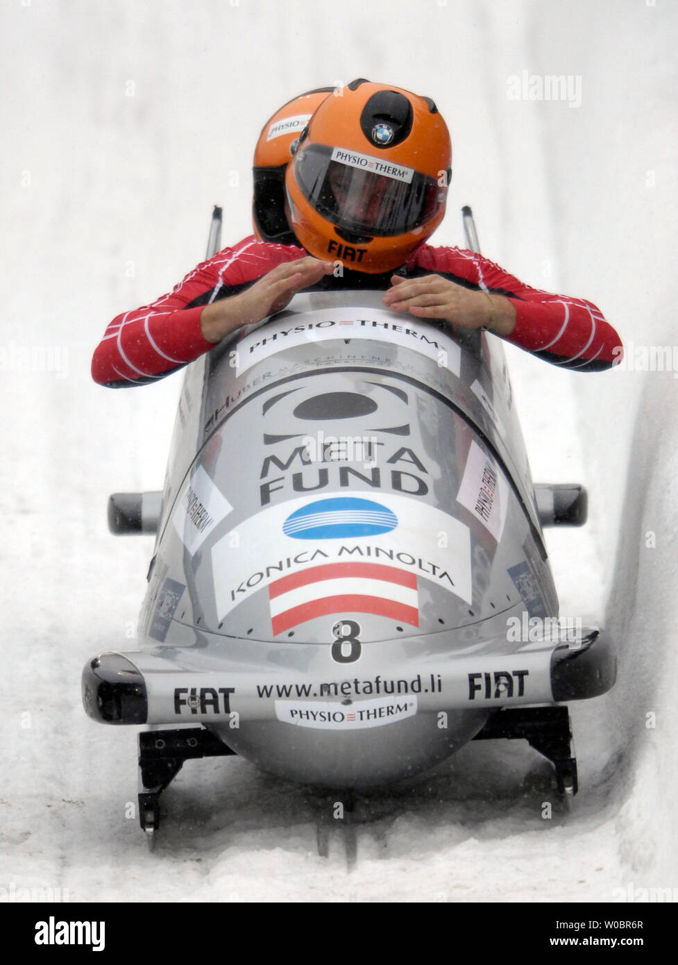 The Austrian two-man bobsled, driven by Wolfgang Stampfer with Michail ...