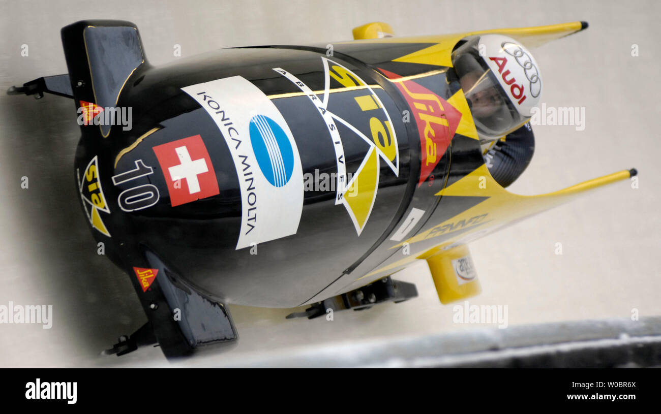 The Swiss bobsled driven, by Sabina Hafner with Katharina Sutter on the ...