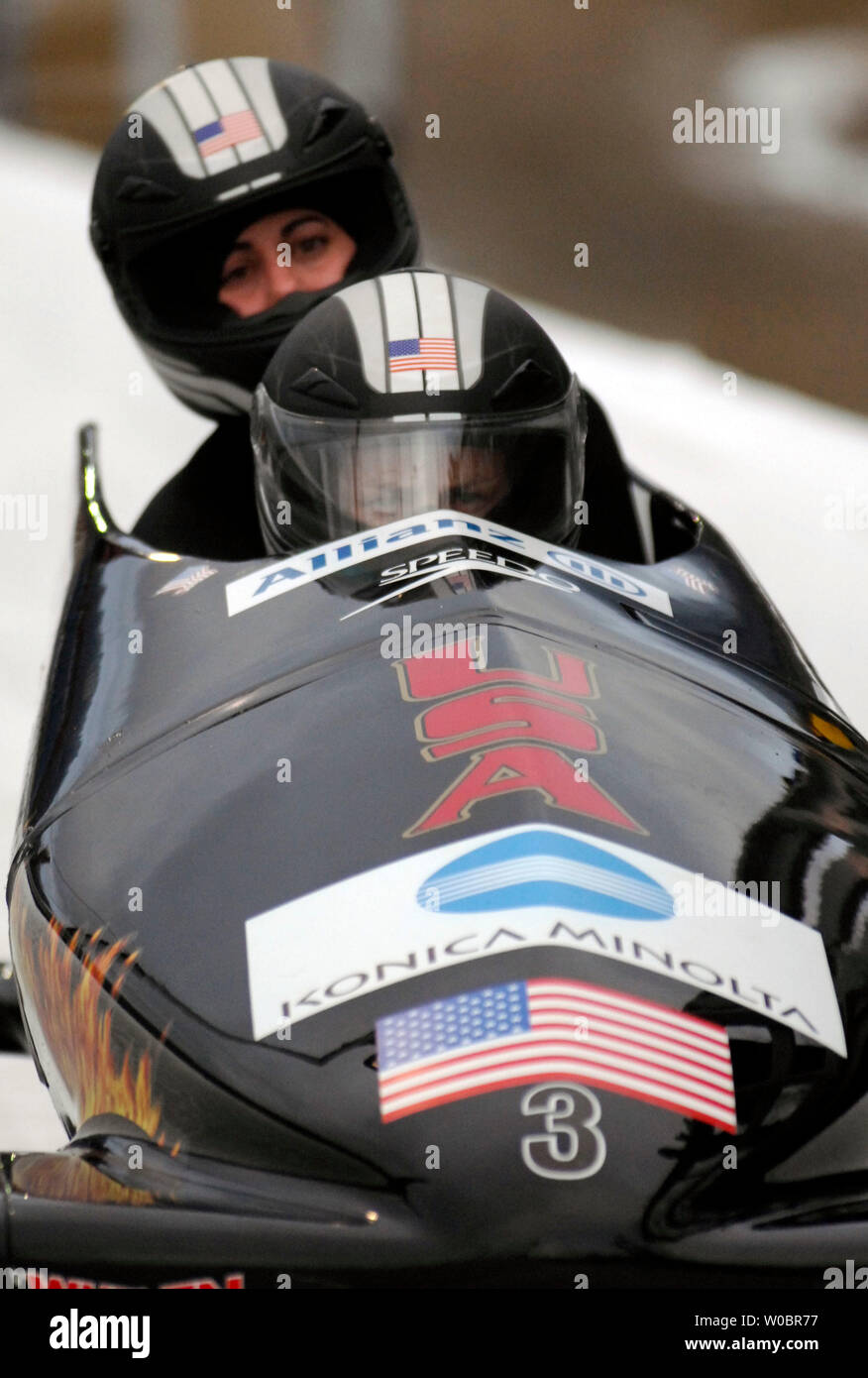 The United States bobsled driven by Shauna Rohbock with Valerie Fleming ...