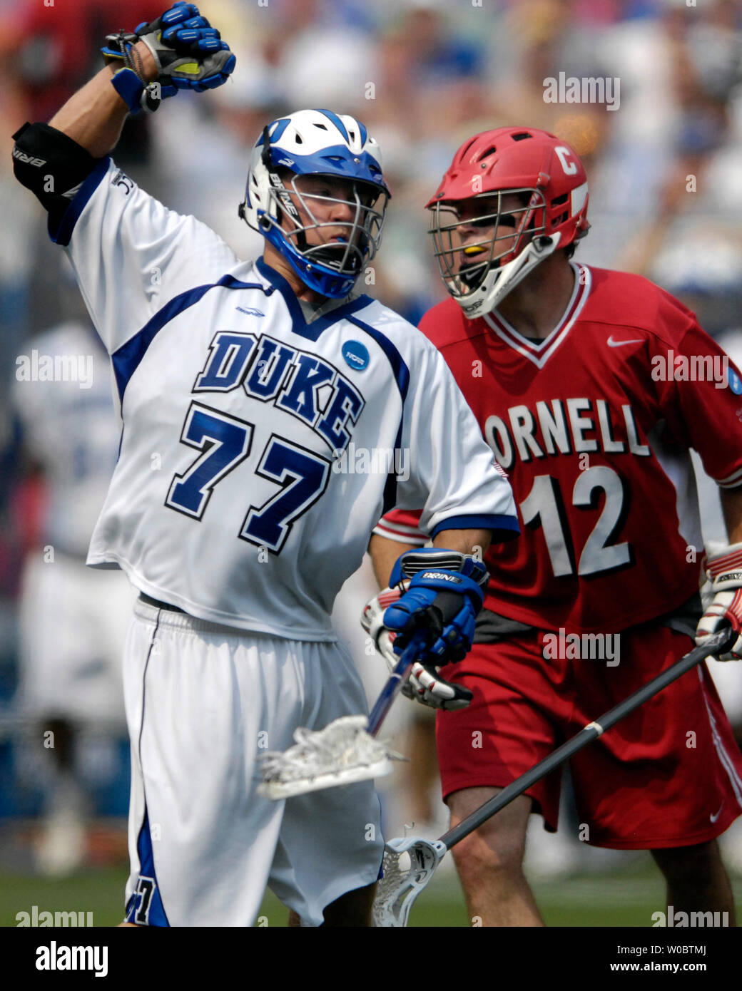 Duke University Blue Devils defenseman Nick O'Hara (77) pumps his fist ...