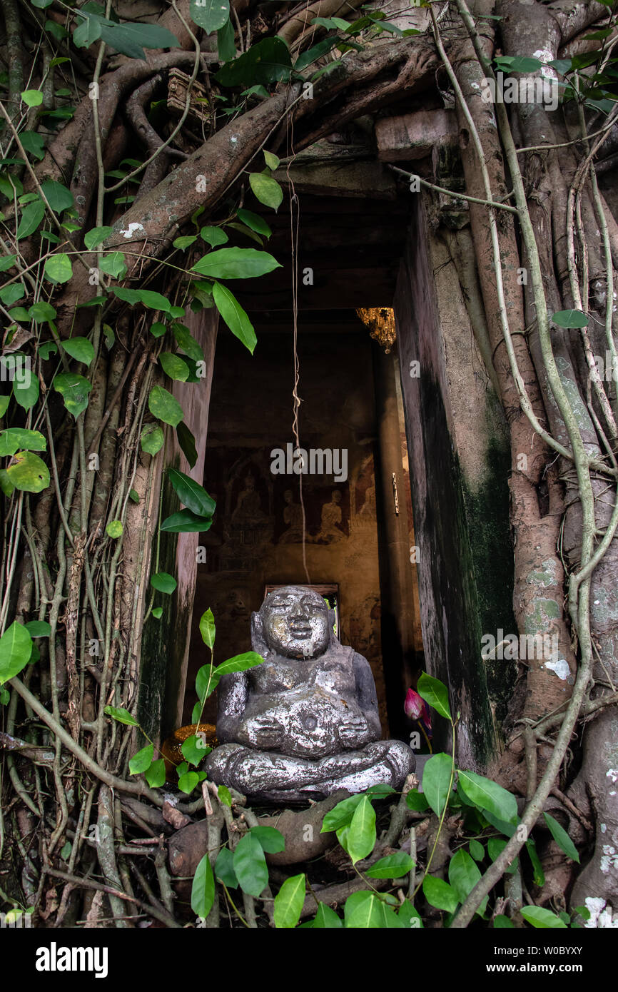 The Buddha statue in window of a shrine covered with trees with ...