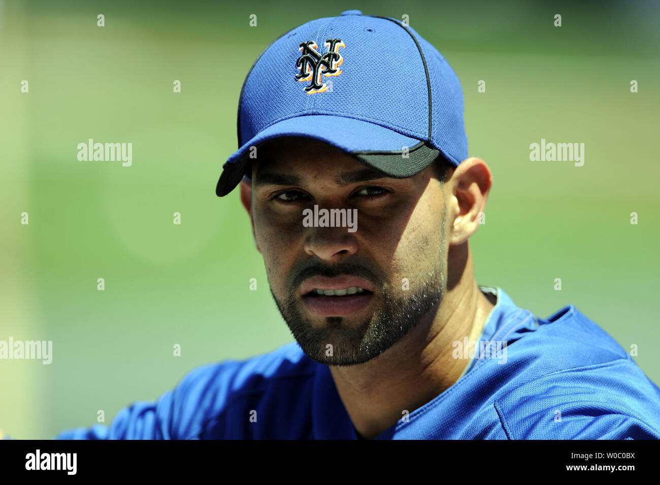 New York Mets center fielder Angel Pagan warms up prior to the game ...
