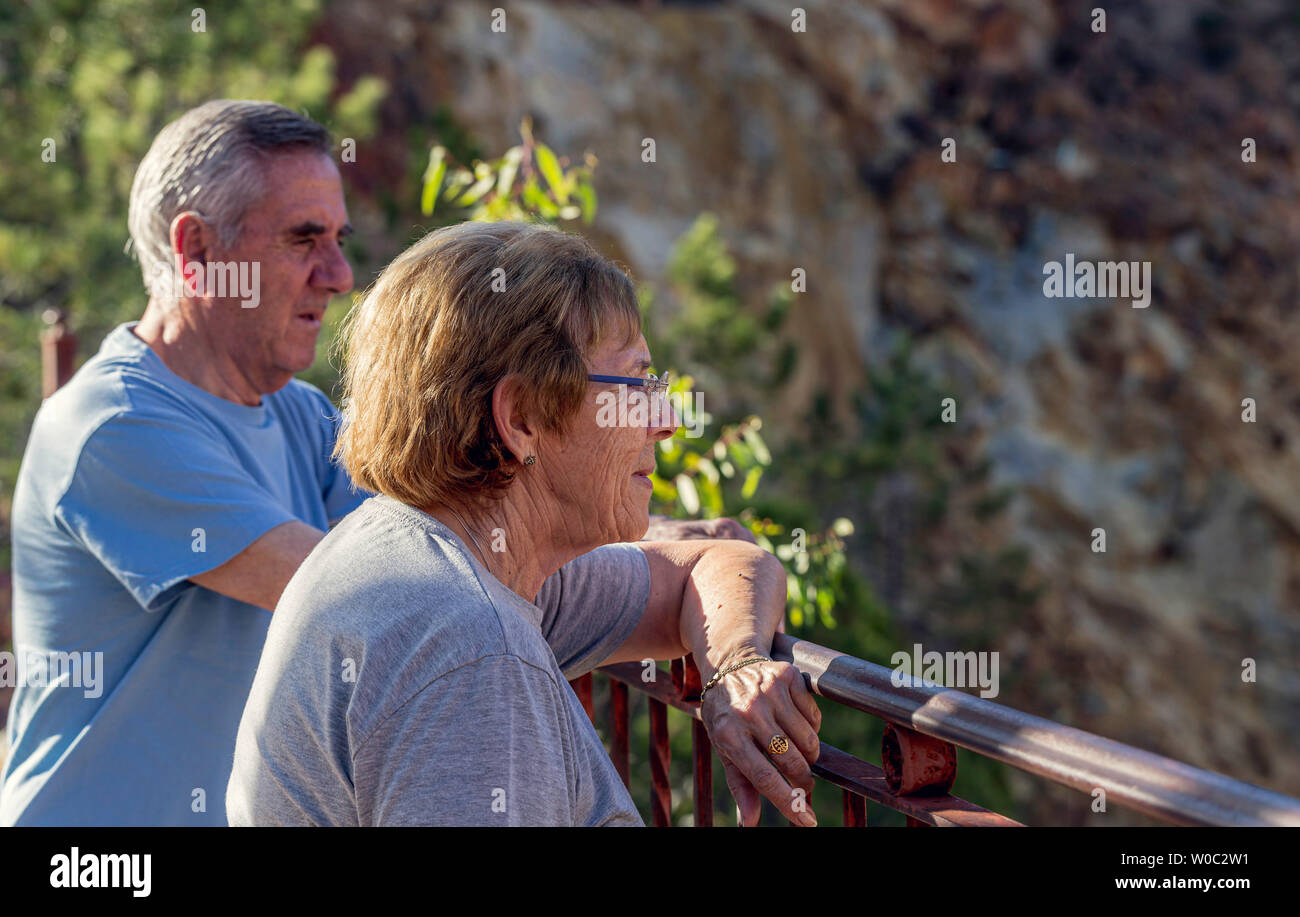 An elderly or retired couple leaning on railings looking landscape ...