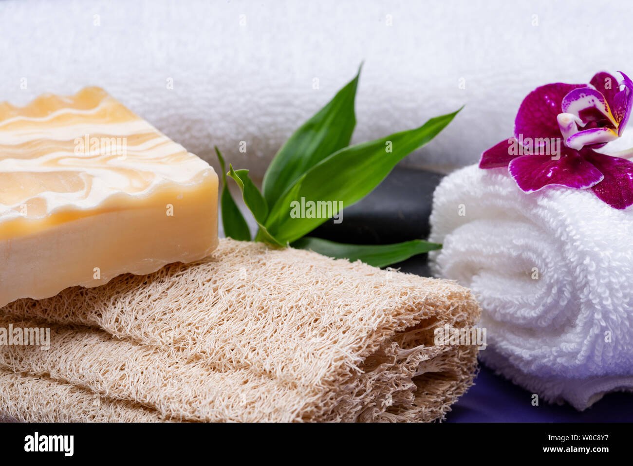Spa Wellness Concept. Natural Loofah Sponge, Almond Goat's milk Soap ...